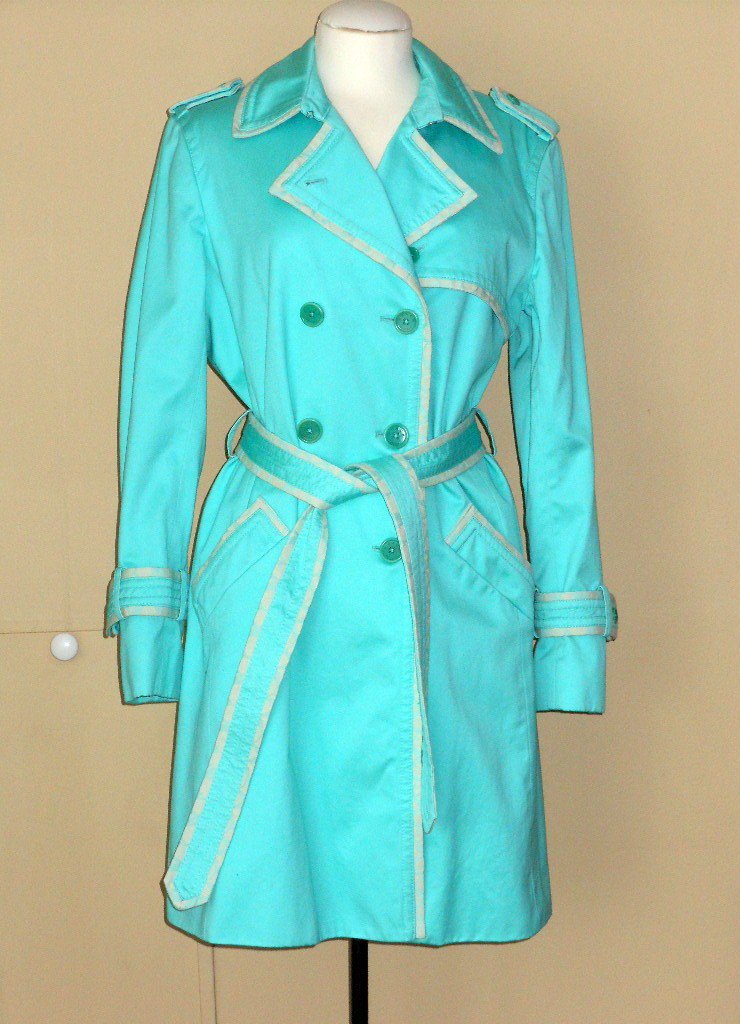 Coach Trench Coat Turquoise Blue Sz 12 Classic Mid Length Belted Double ...