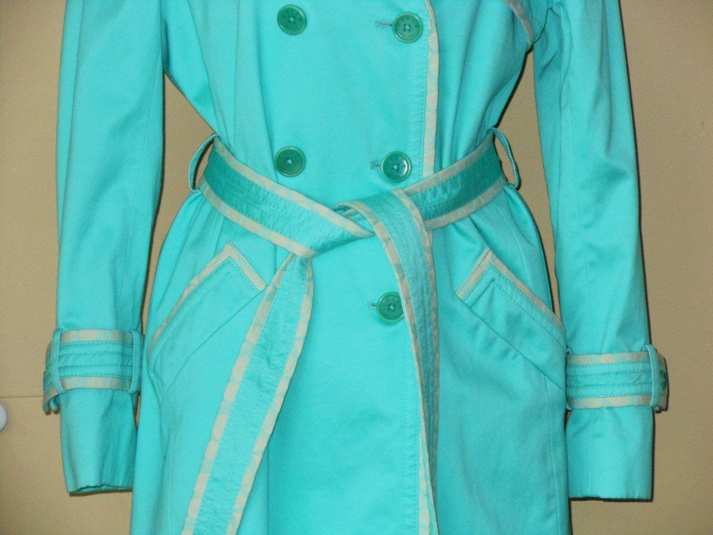 Coach Trench Coat Turquoise Blue Sz 12 Classic Mid Length Belted Double ...