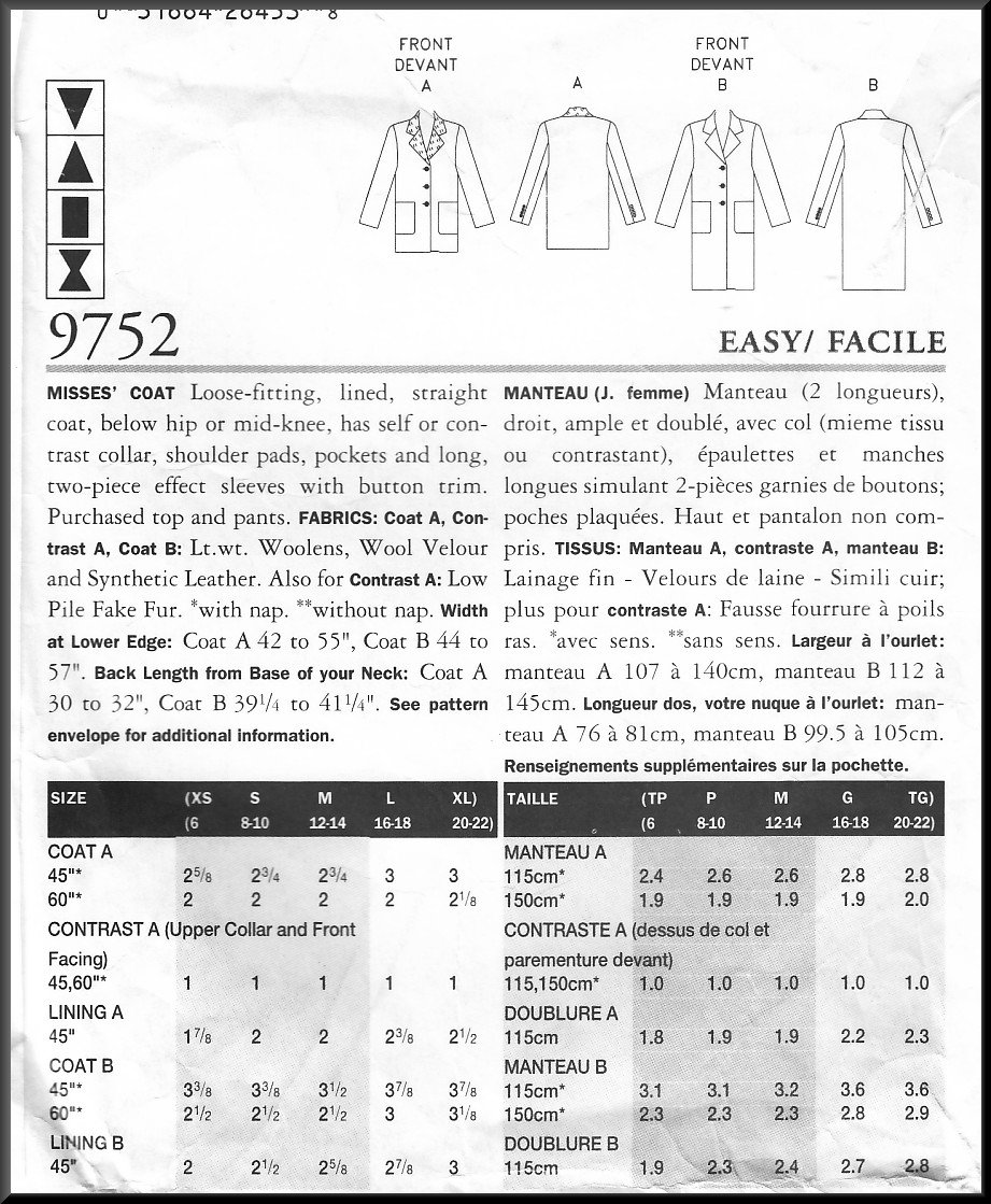 Vogue 9752 CUT Sewing Pattern Sz M (12-14) Misses' Blazer Coat Notched ...