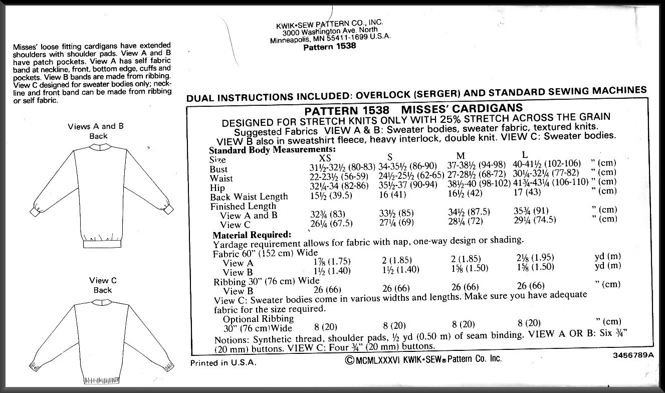 Kwik Sew 1538 Vintage Sewing Pattern Sz XS-XL Sweater Knit Cardigan ...