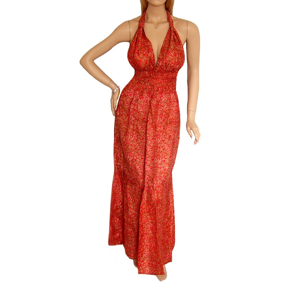 RED LONG SILK PRINT HALTERNECK SUMMER MAXI EVENING HOLIDAY BEACH DRESS ...