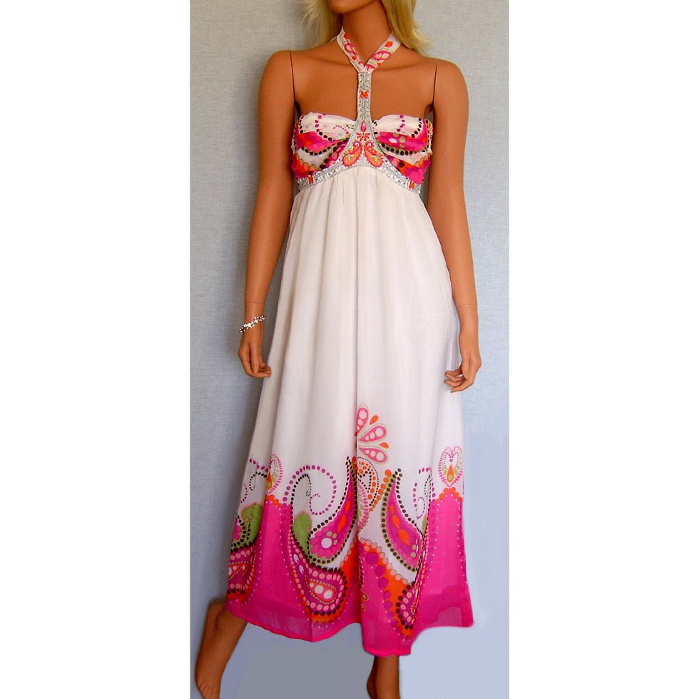 White Pink Jewel Chiffon Grecian Long Boho Summer Maxi Beach Holiday