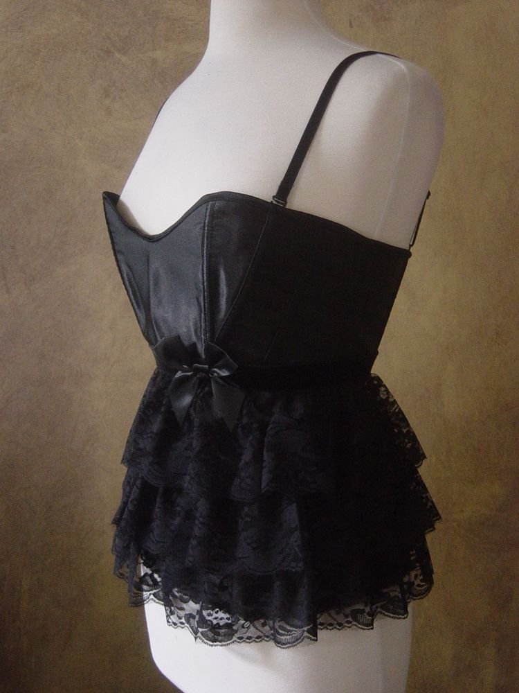 L-Black Victorian Satin & Layered Lace Corset Tank Top Removable Straps