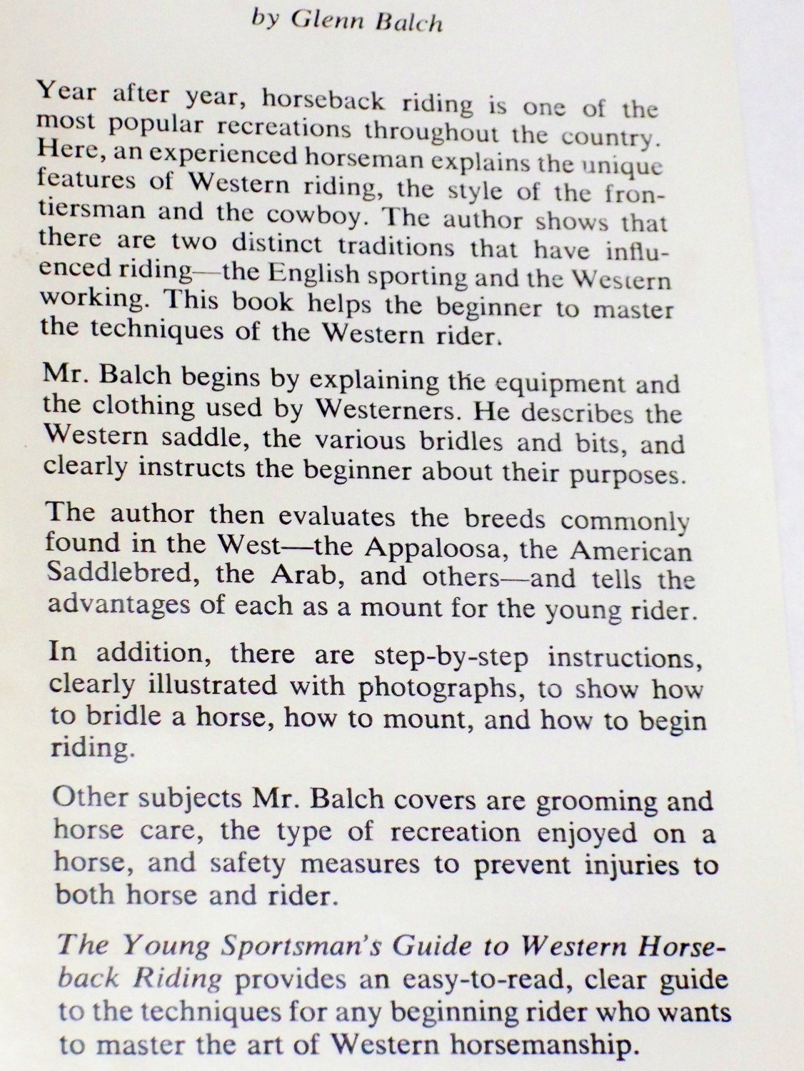 Young Sportsman Guide to Western Horseback Riding Glenn Balch hc/dj 1965