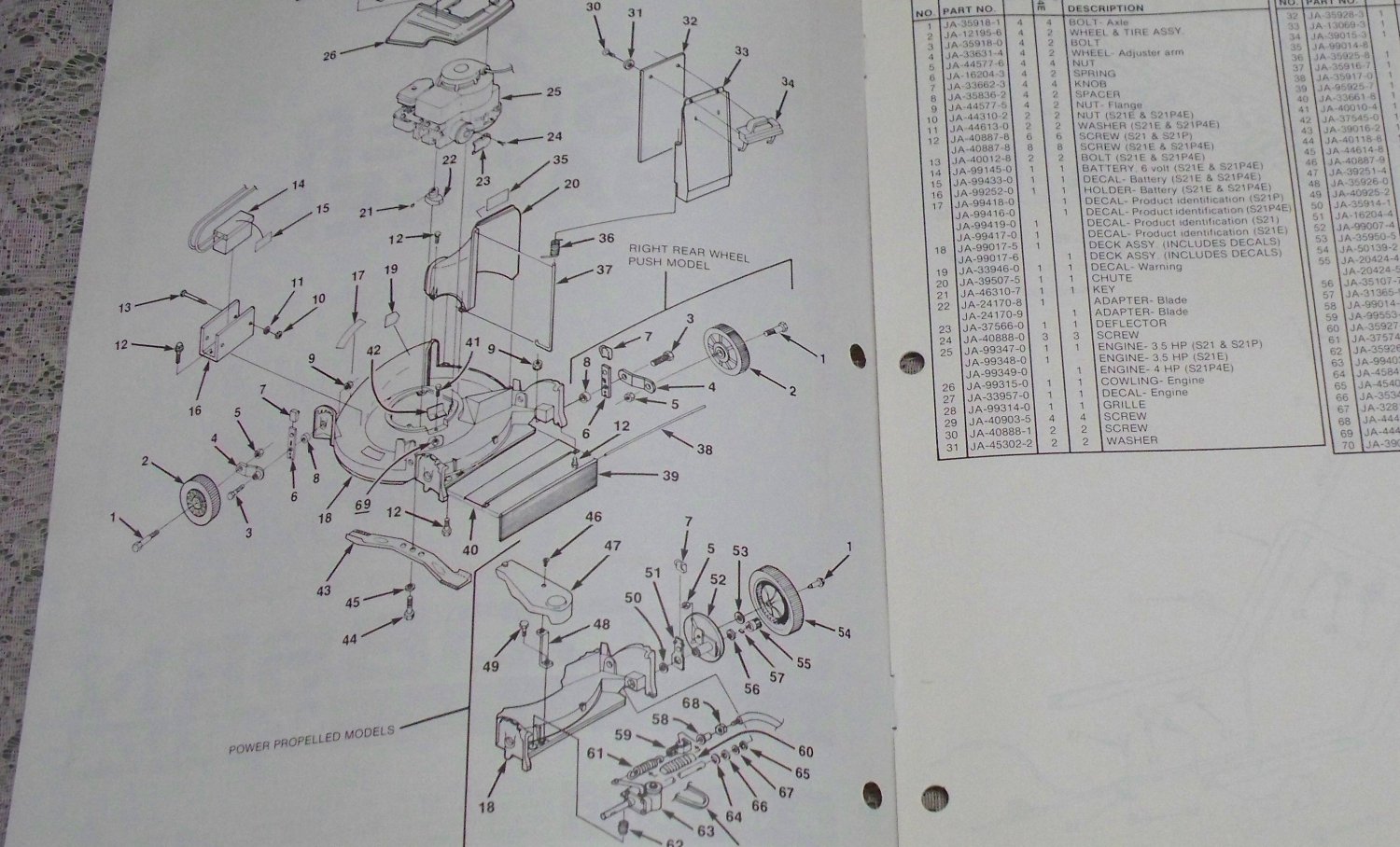 Homelite Jacobsen Parts List 21" Super Bagger Models part no. JA-99018-4