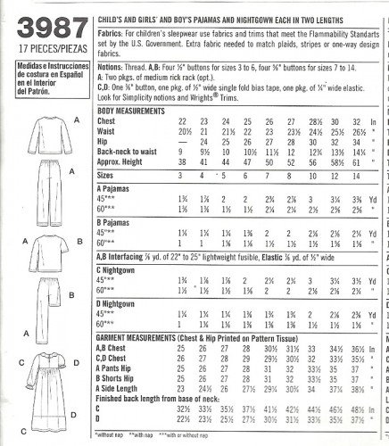 Childs Pajamas, Nightgown Sewing Pattern Simplicity 3987 Sz 3, 4, 5, 6