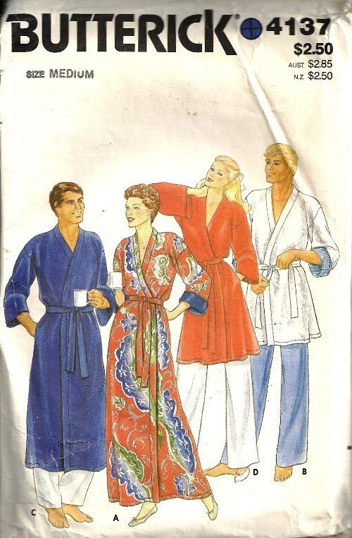 Men, Misses Wrap Robe Sewing Pattern Butterick 4137 Size Medium 38, 40