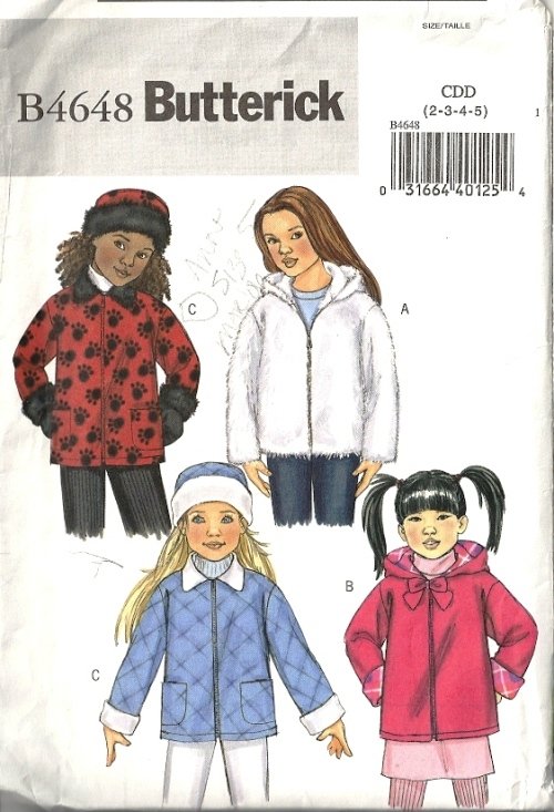 Girls Hooded Jacket, Hat Sewing Pattern Butterick 4648 Sz 2, 3, 4, 5