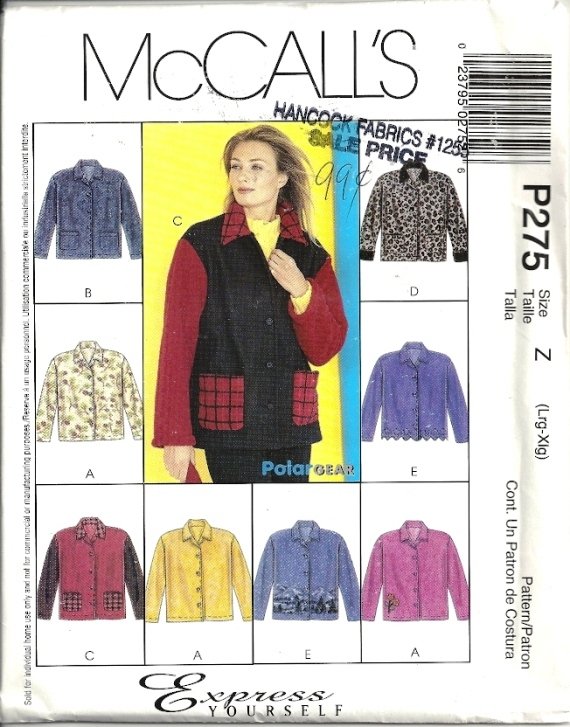 Misses Unlined Jacket Sewing Pattern McCalls P275 Size L, XL