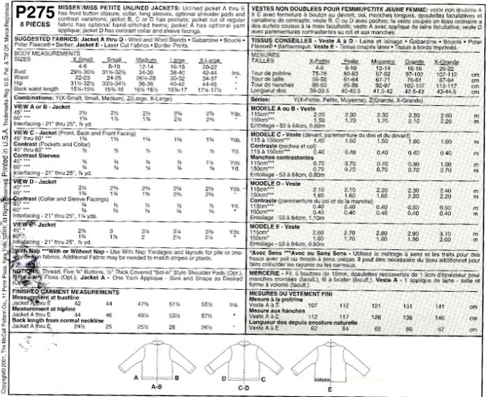 Misses Unlined Jacket Sewing Pattern McCalls P275 Size L, XL