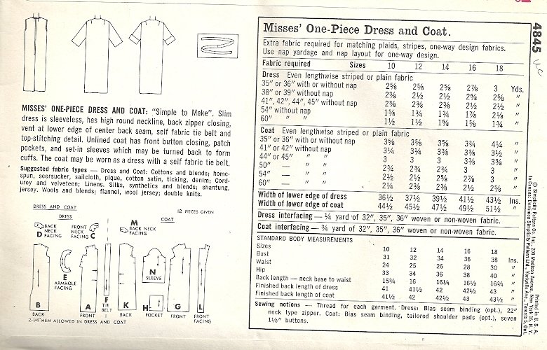 Misses Coat, Dress 60s Sewing Pattern Simplicity 4845 Size 12