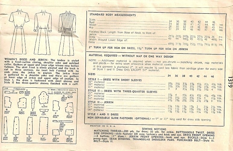 Misses 40s Dress, Jerkin Sewing Pattern Simplicity 1319 Plus Size 42