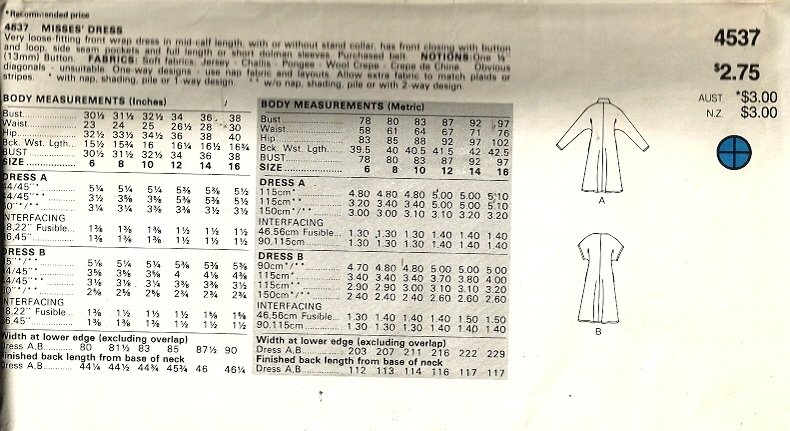 Misses Front Wrap Dress Sewing Pattern Butterick 4537 Size 12