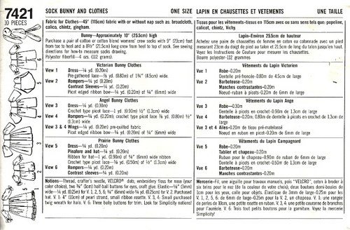 Simplicity Crafts 7421 Sock Bunny, Clothes Vintage Sewing Pattern