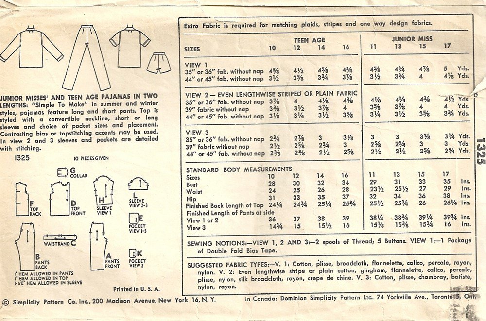 1955 Simplicity 1325 Miss Pajamas Vintage Sewing Pattern Size 14 Bust 32