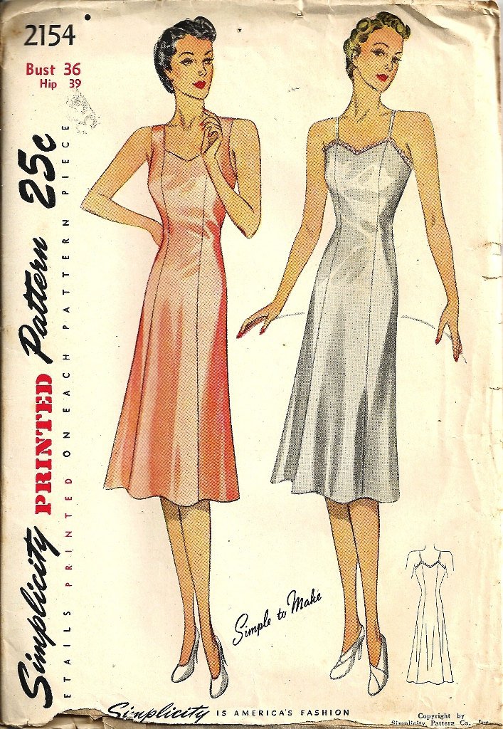 Simplicity 2154 Misses Full Slip 40s Vintage Sewing Pattern Bust 36 Uncut
