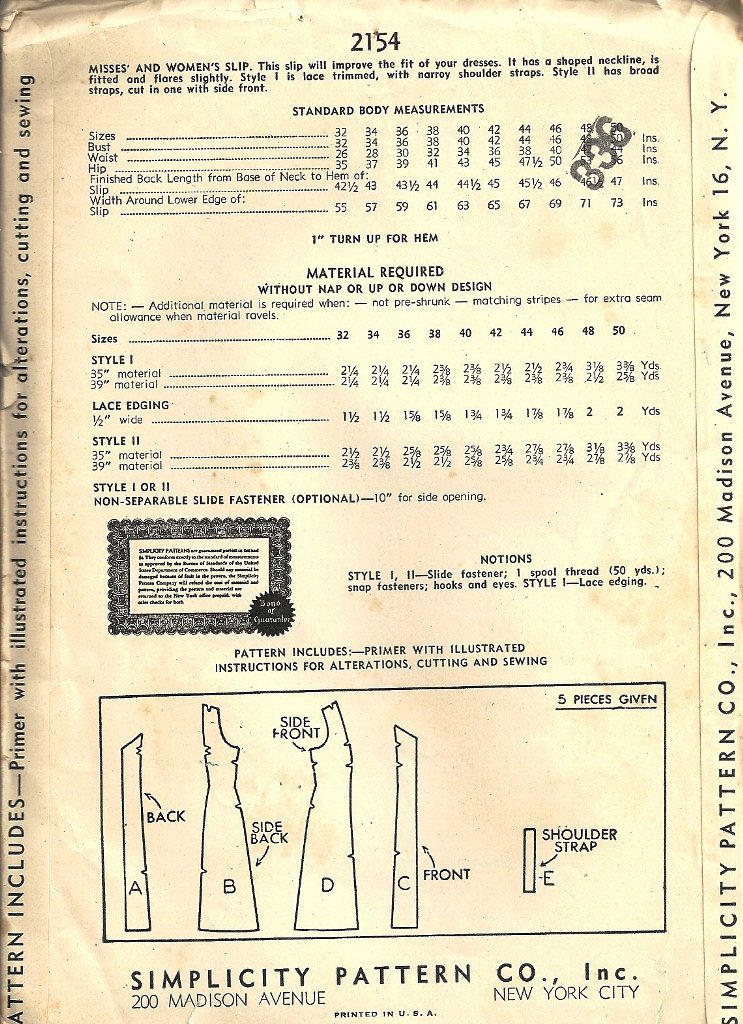 Simplicity 2154 Misses Full Slip 40s Vintage Sewing Pattern Bust 36 Uncut