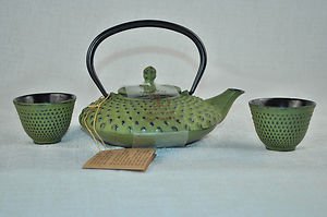 RIKYU Cast Iron Tetsubin Teapot and 2 Cups Set Green Flat Hobnail New