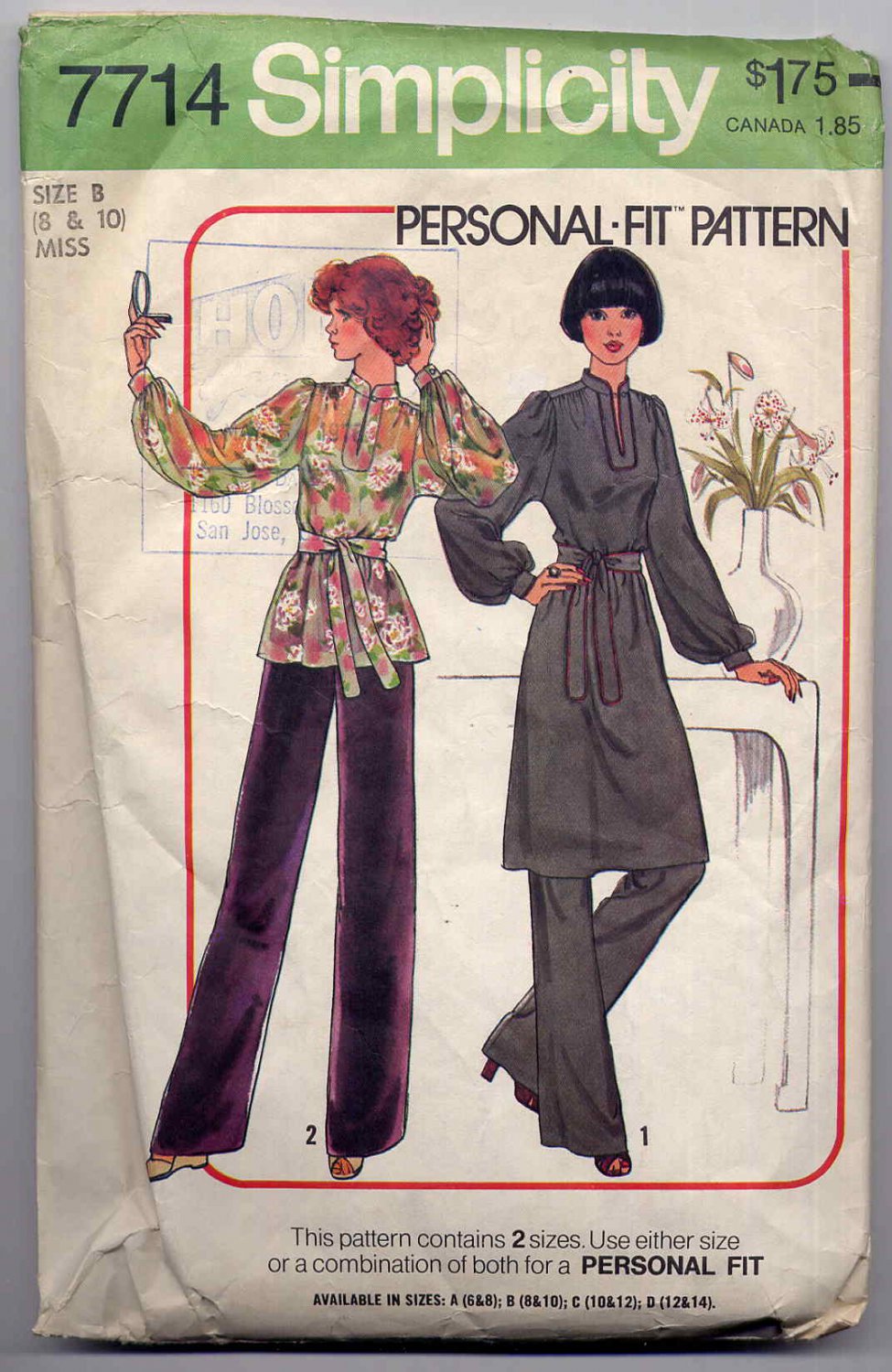 Vintage 70s Mandarin Collar Tunic and Pants Sewing Pattern Simplicity ...