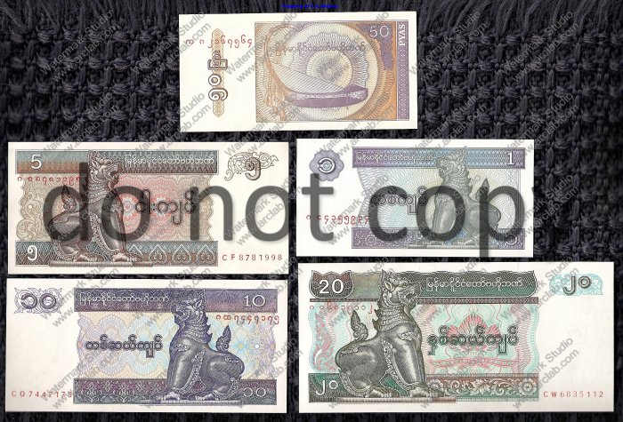 Myanmar 5pc. Kyat Banknote Set Foreign Paper Money