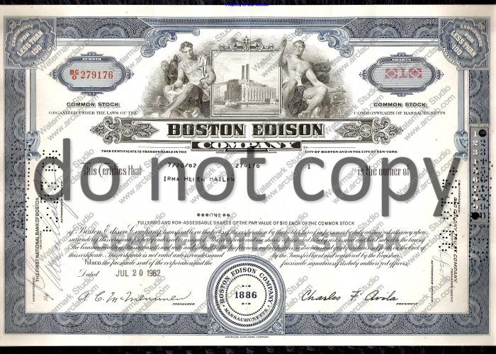 Boston Edison Company Old Stock Certificate Blue