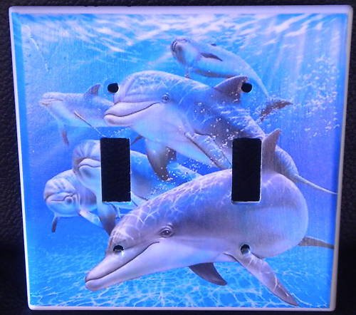 DOLPHINS DOUBLE LIGHT SWITCH COVER LOOK blue water