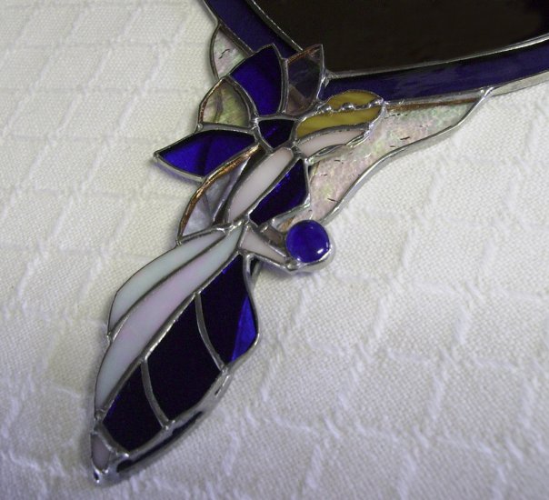 Hand Mirror, Stained Glass, Blue, Angel Shaped Handle, handmade