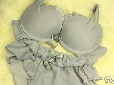 Japan Cute Ball Gray Ribbon Lace Silky Bra Set 32A 70 A