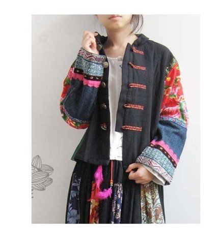 Chinese Style Hand-Sequined Black Quilt-Patterned Jacket