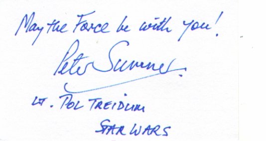 Peter Sumner signed 3x5 (Lt Pol Treidum Star Wars A New Hope)