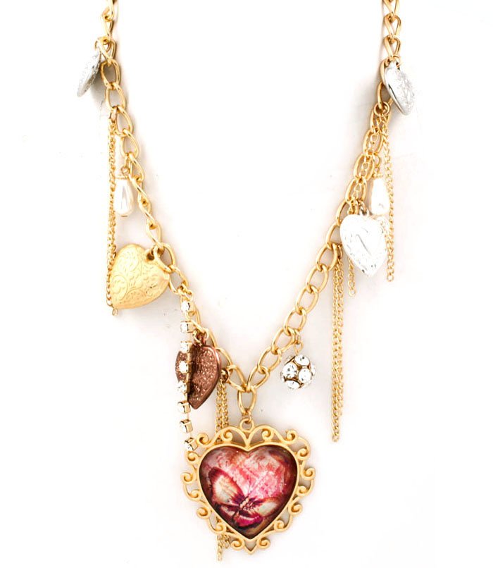 Red Necklace Pendant Pearl Charm Fireball Heart Lucite Stone Butterfly ...