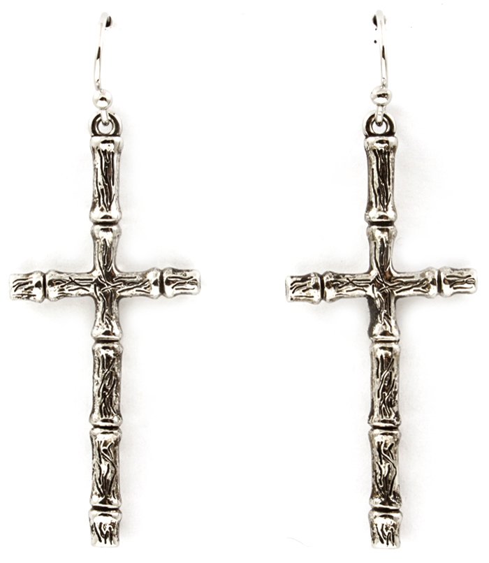 Silver Colored Earring Fish Hook Cross 1 1 2 Inch Drop / 11315-7009ASSIV