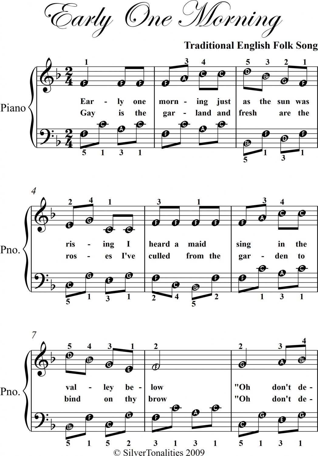 Early One Morning Easy Piano Sheet Music