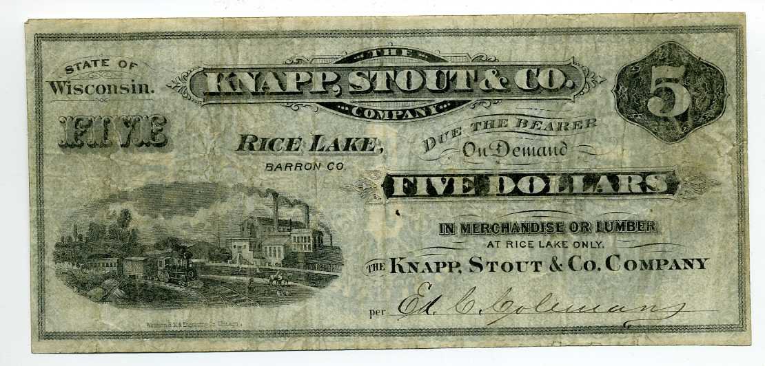 Wisconsin, Rice Lake, Barron County, Knapp, Stout & Co. $5, ND(1870s-80s)