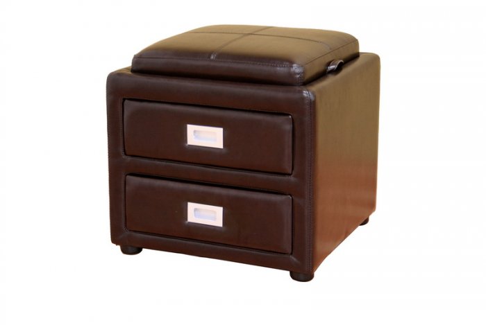 Contemporary Dark Brown Leather Storage Drawer Ottoman