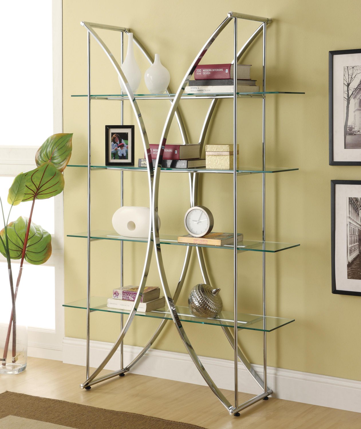MODERN CHROME FINISH BOOKCASE IN X SHAPE GLASS AND FLOATING STYLE GLASS ...