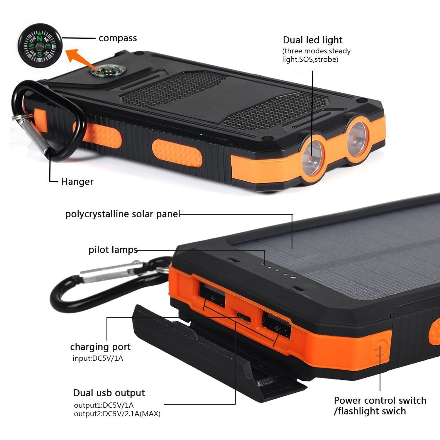 2020 Solar Power Bank 2.1A output with Dual USB ports and Flash Light ...