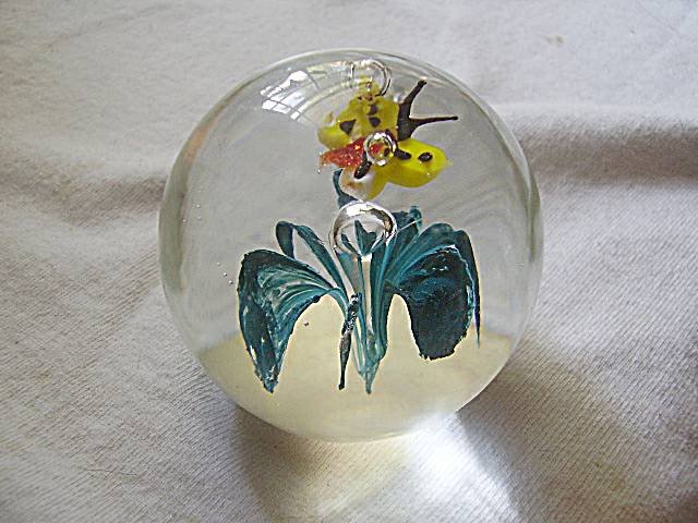 Art Glass Paperweight Floating Butterfly & Flower
