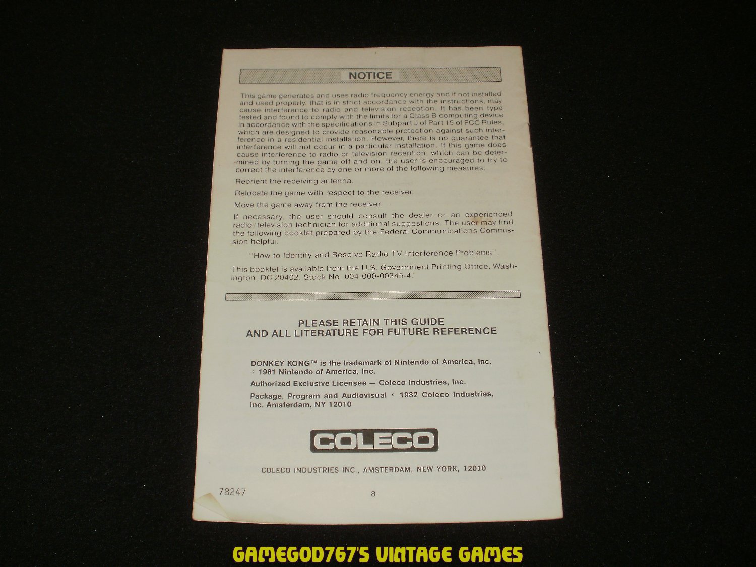Donkey Kong - Coleco 1982 Tabletop System - Manual Only
