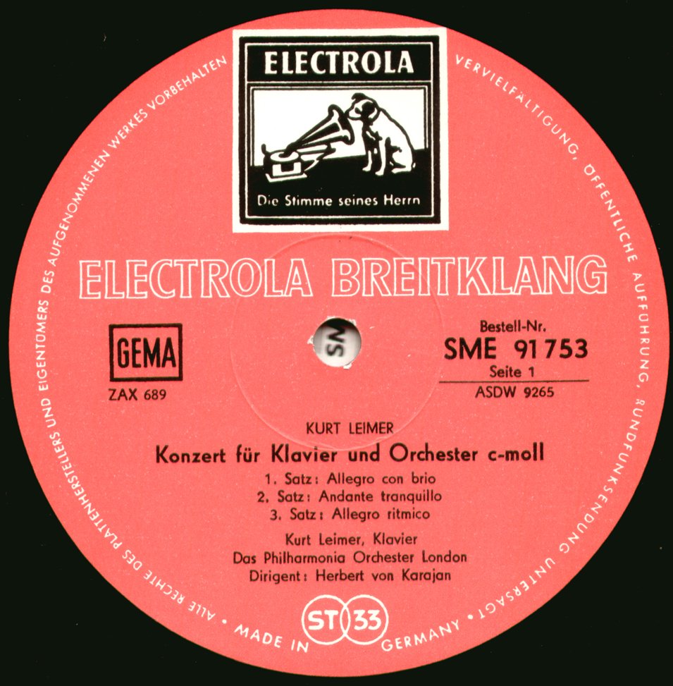 Kurt Leimer Piano Concerto Herbert von Karajan London Philharmonic ...