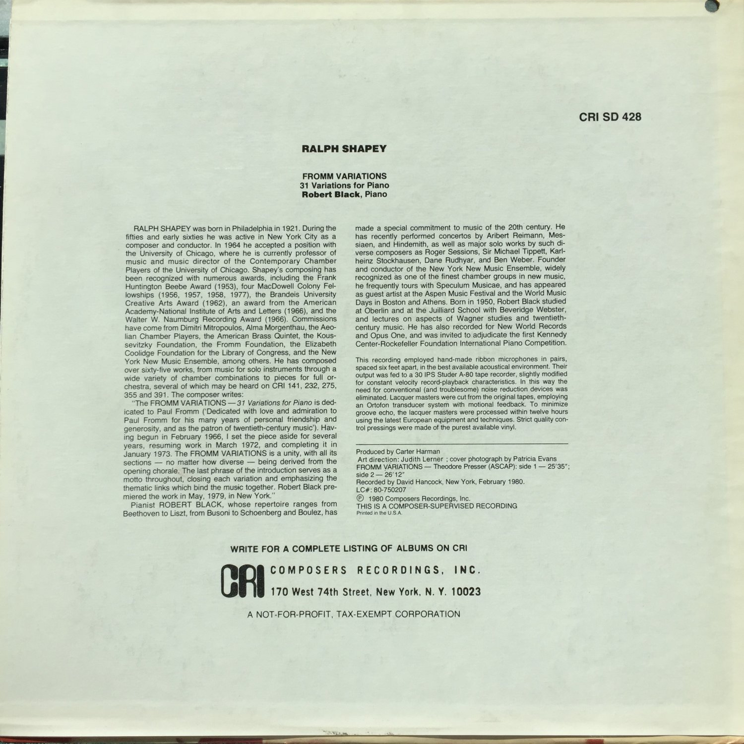 Ralph Shapey Robert Black From Variations 31 Variations For Piano CRI 428
