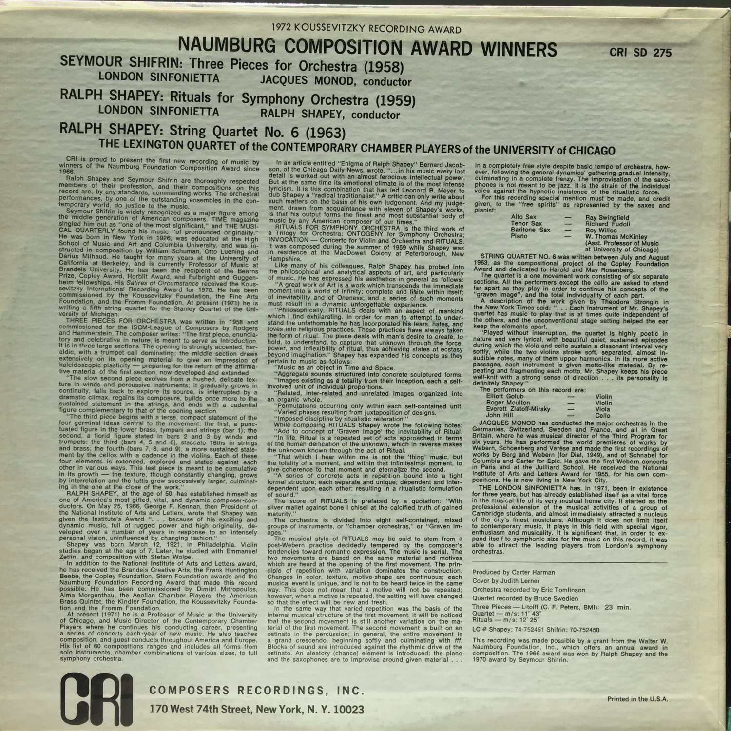 Ralph Shapey Seymour Shifrin ‎Rituals String Quartet No. 6 Three Pieces ...