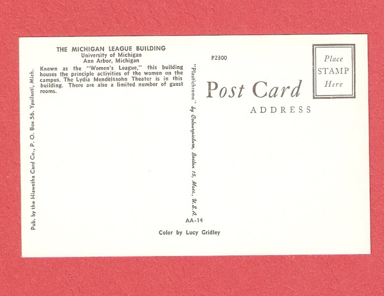 VINTAGE MICHIGAN LEAGUE BUILDING UNIVERSITY OF MICHIGAN PHOTO POSTCARD
