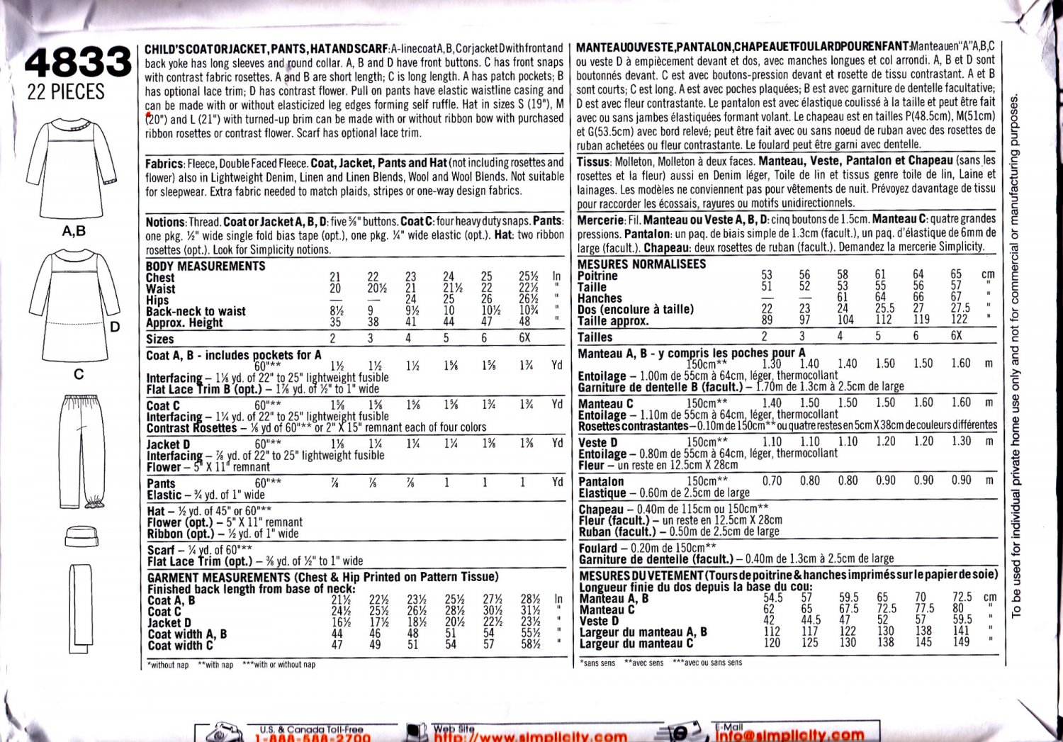 Simplicity 4833 Toddler Girls Sewing Pattern Childrens Coat Jacket ...