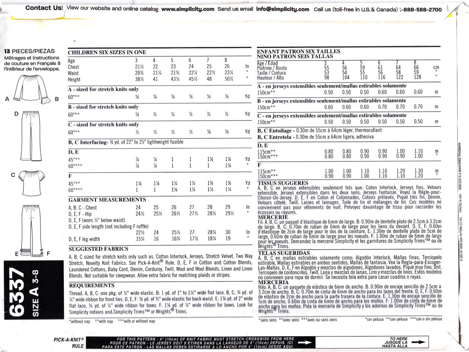 New Look 6337 Girls Sewing Pattern Childrens Shirts Pants Sizes 3-4-5-6 ...