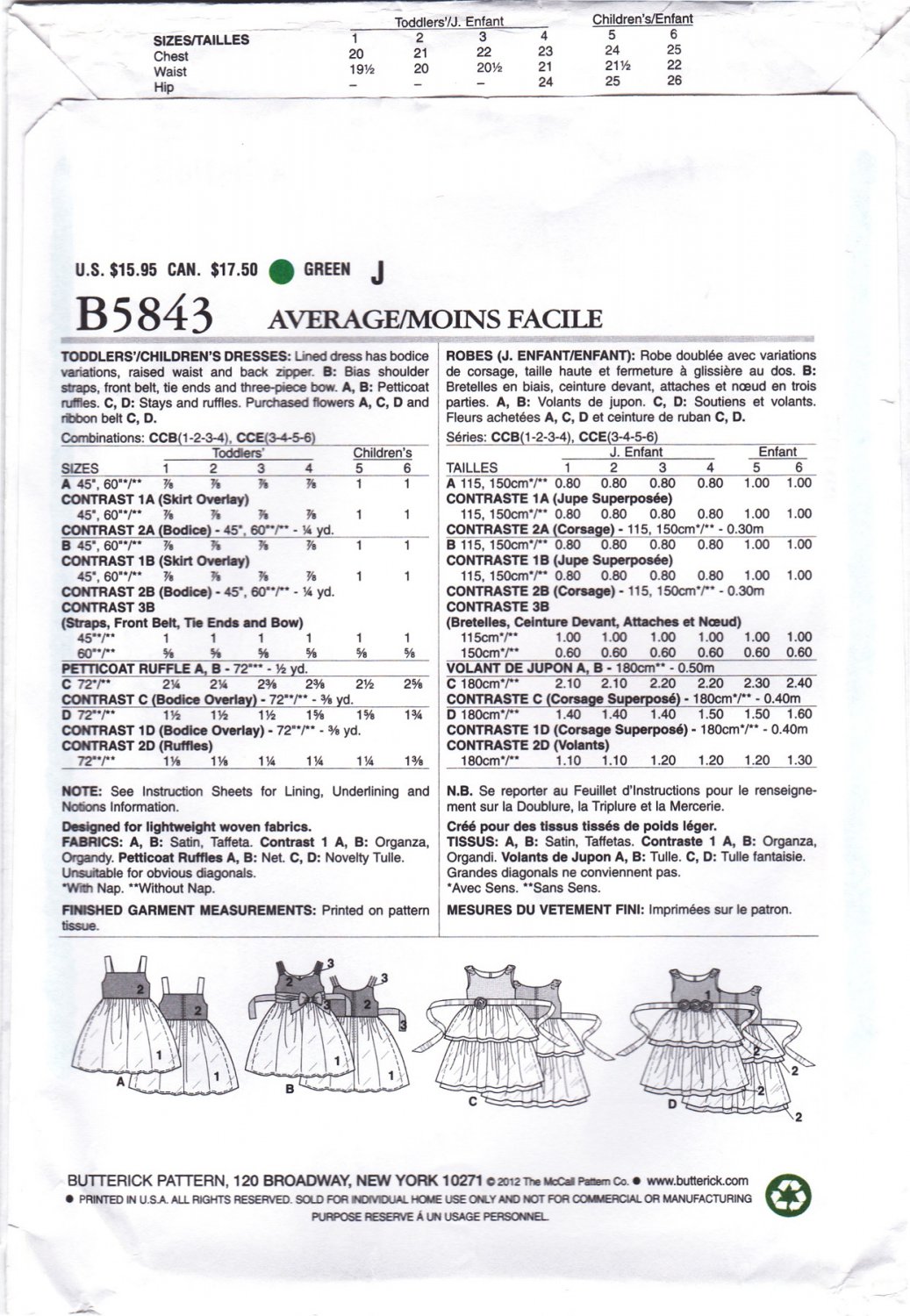 Butterick B5843 5843 Toddler Girls Dresses Sewing Pattern Ruffles ...