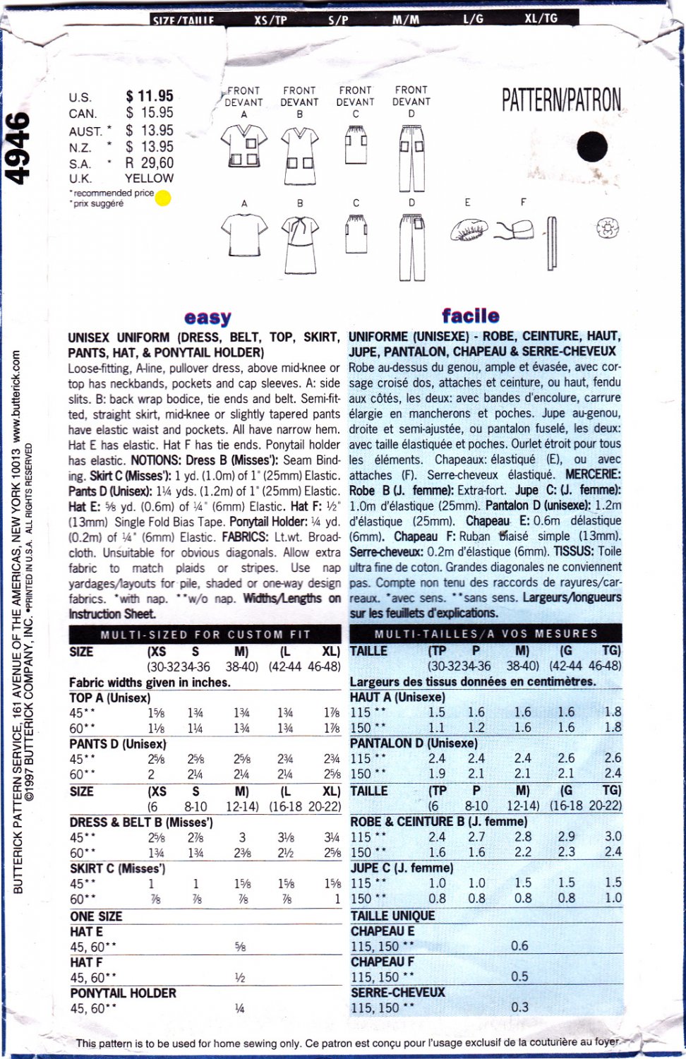 SOLD - Butterick 4946 Scrubs Uniforms Unisex Sewing Pattern Dress Pants ...