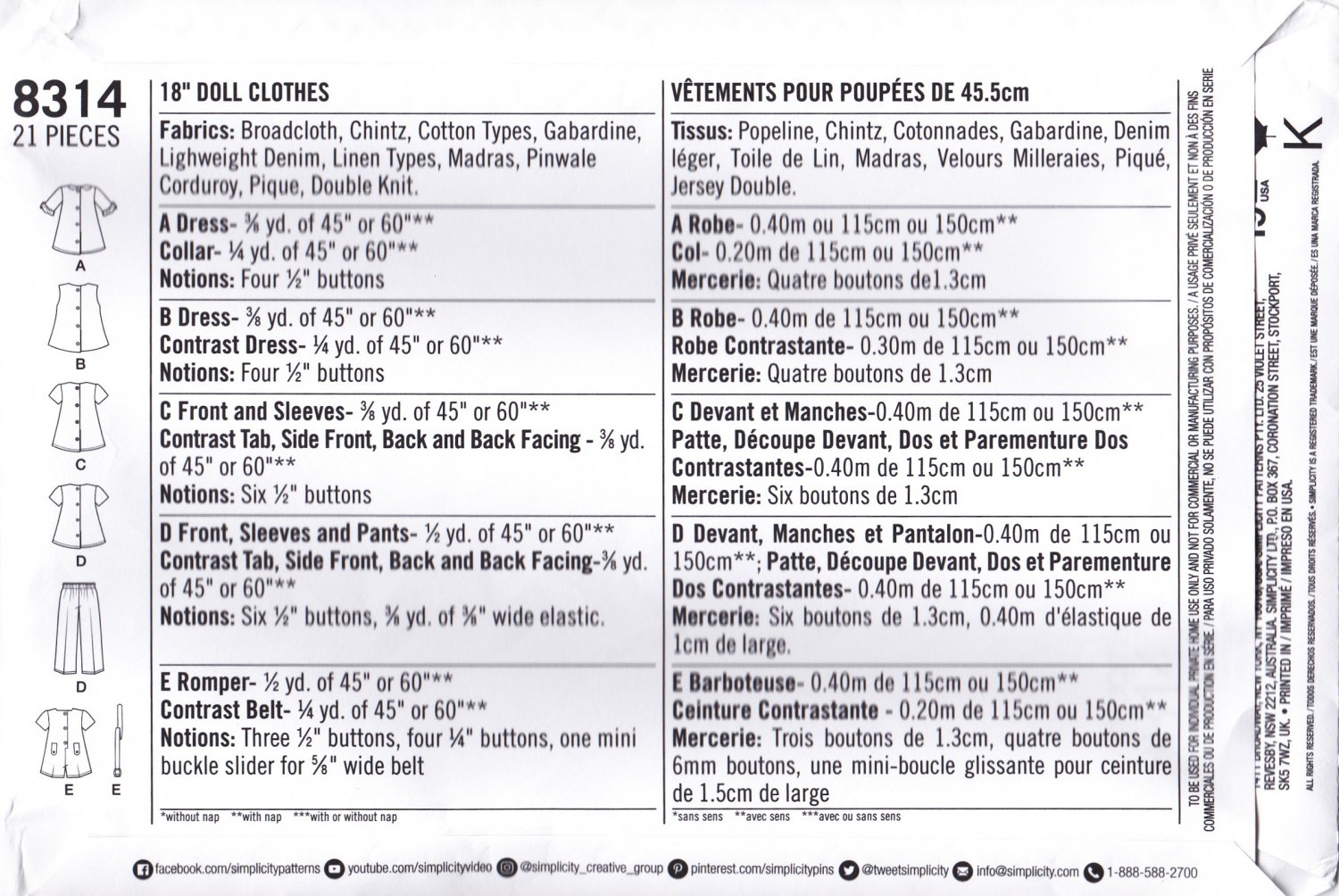 Simplicity 8314 Crafts Sewing Pattern 18" Doll Clothes Dress Romper ...