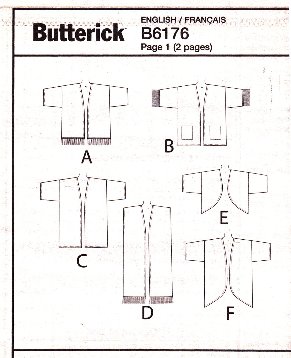 Butterick B6176 6176 Womens Misses Kimono Sewing Pattern Unlined Loose ...