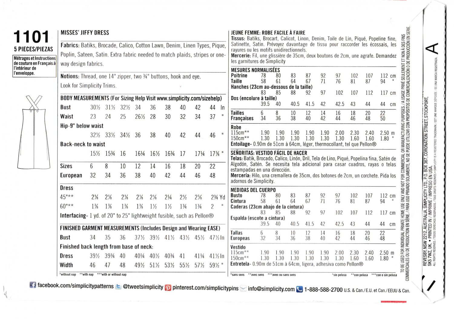 Simplicity 1101 Misses Womens Dress Sewing Pattern Sizes 14-16-18-20-22 ...